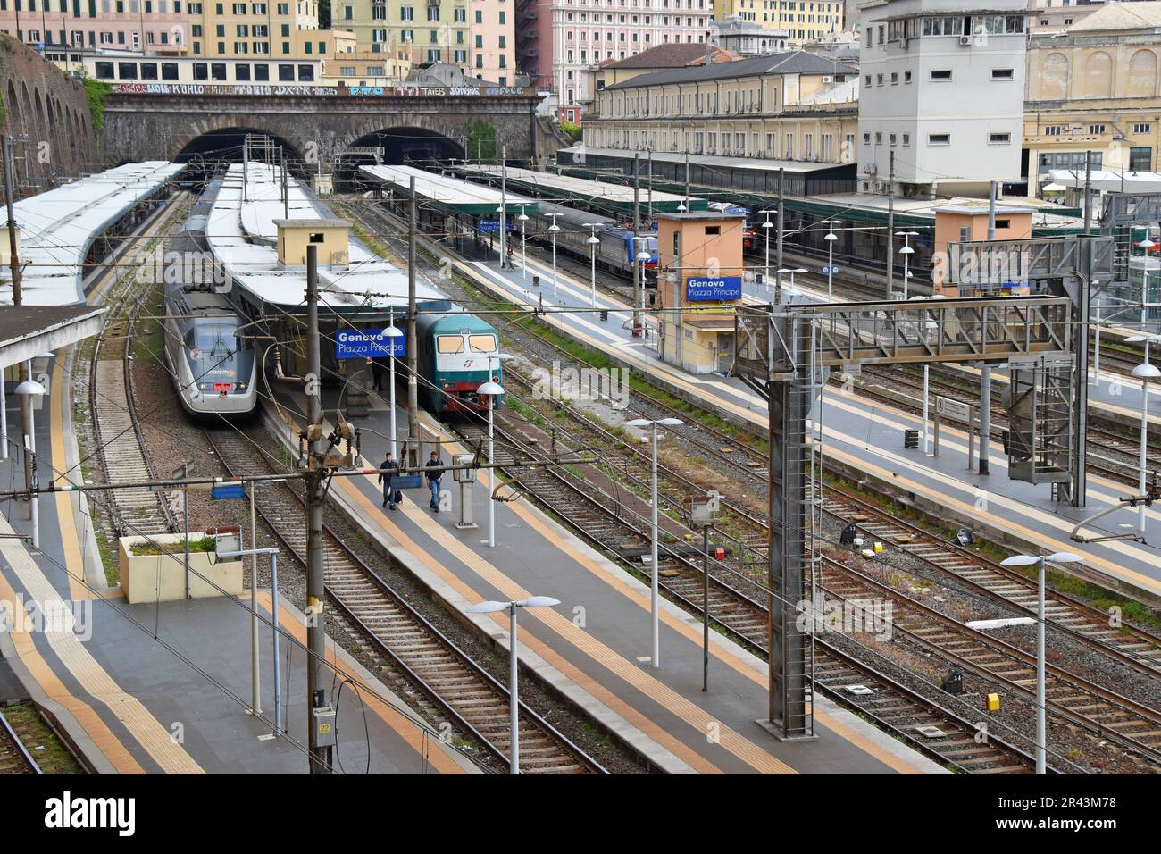 Trenitalia passenger trains waiting at platforms at Genova Piazza ...