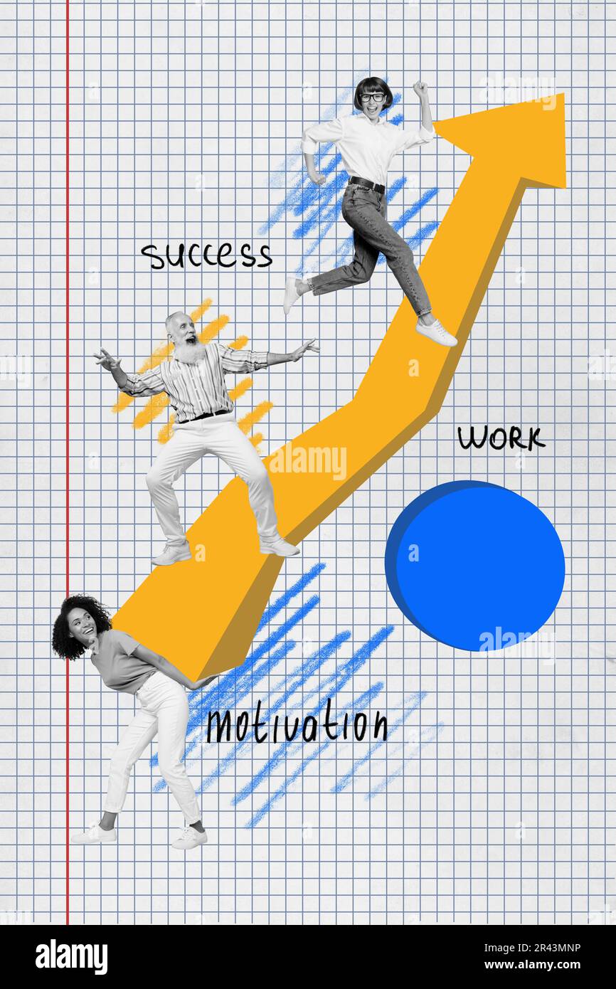 Vertical collage of mini black white gamma people hold run climb huge ...