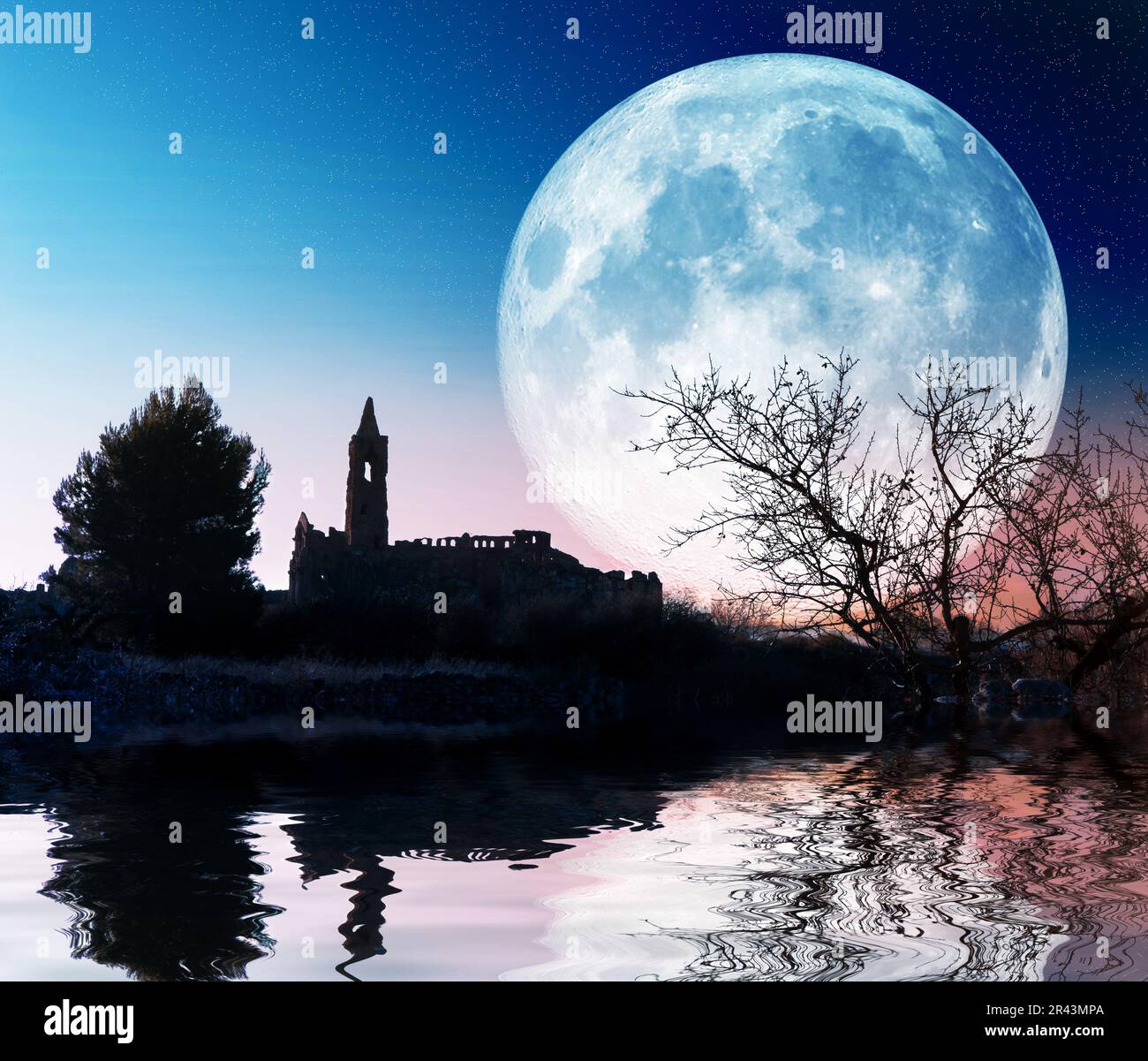 Mysterious landscape with full moon and church over the lake Stock ...