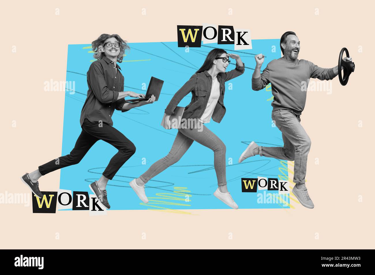 Artwork collage picture of black white gamma people running work hold ...