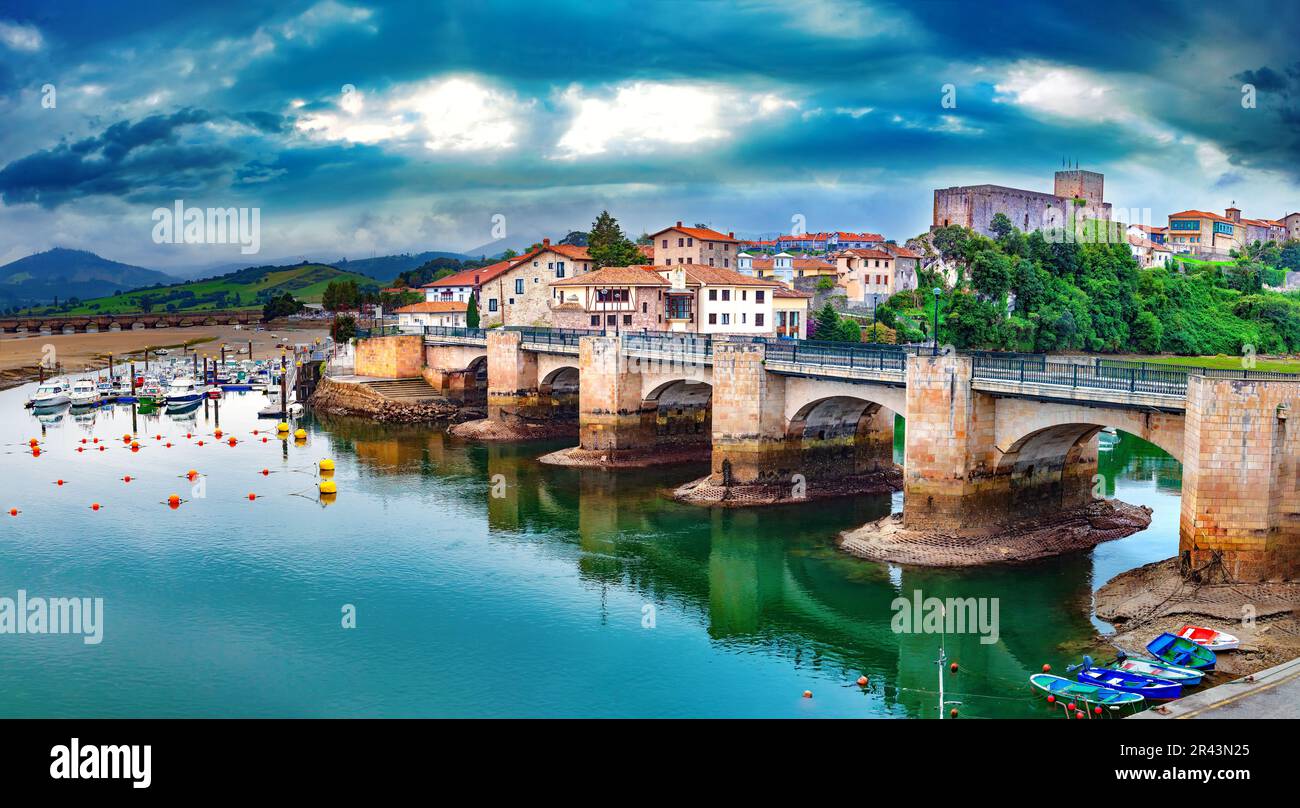 Scenic mountain and sea panoramic landscape in northern Spain.Green ...