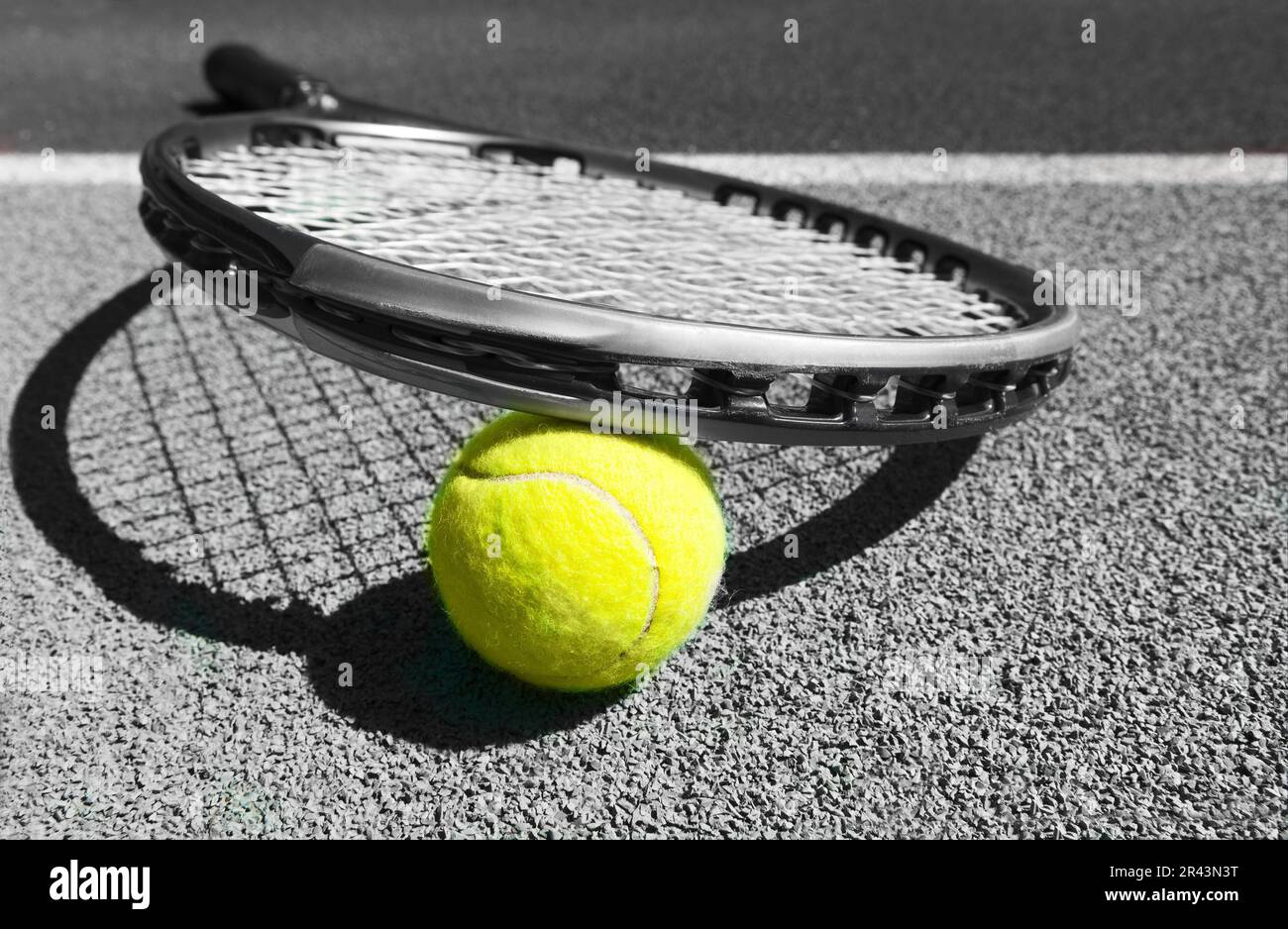 Close up of tennis racquet and ball on the clay tennis court Stock ...