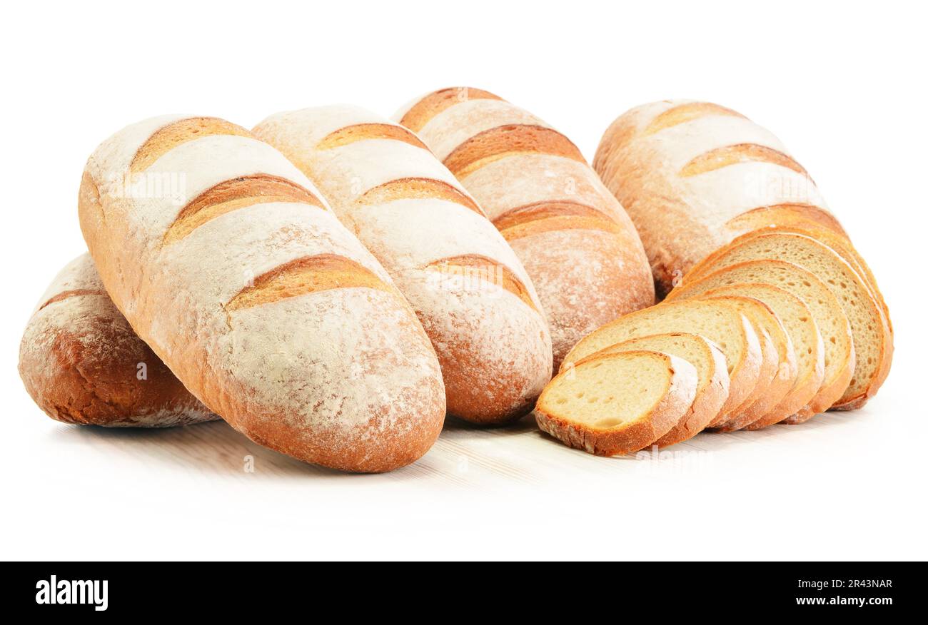 Composition with loafs of bread isolated on white background Stock ...