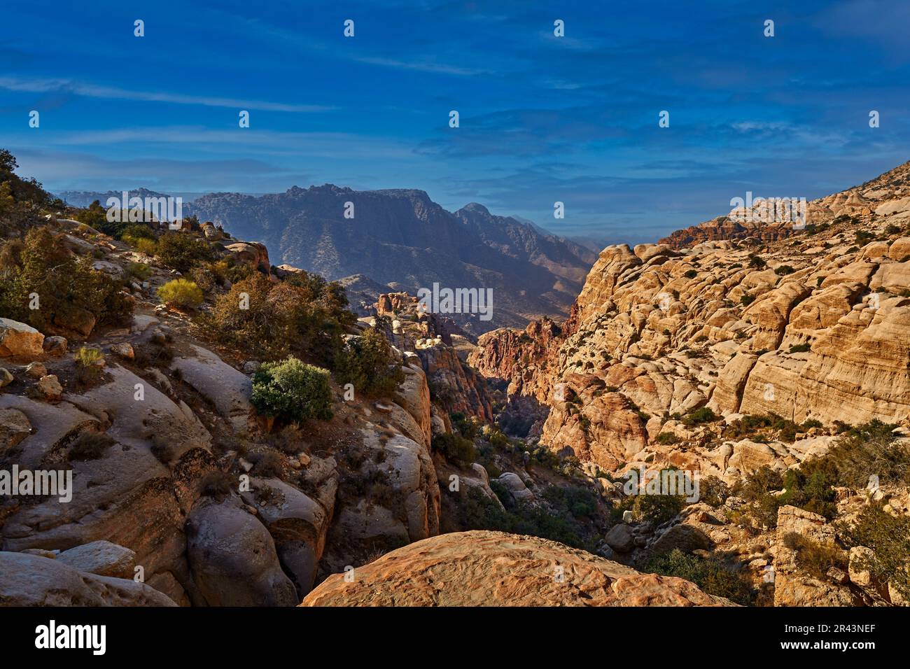 Jordan sunset landscape. Rocky mountain with orange evening in Dana ...