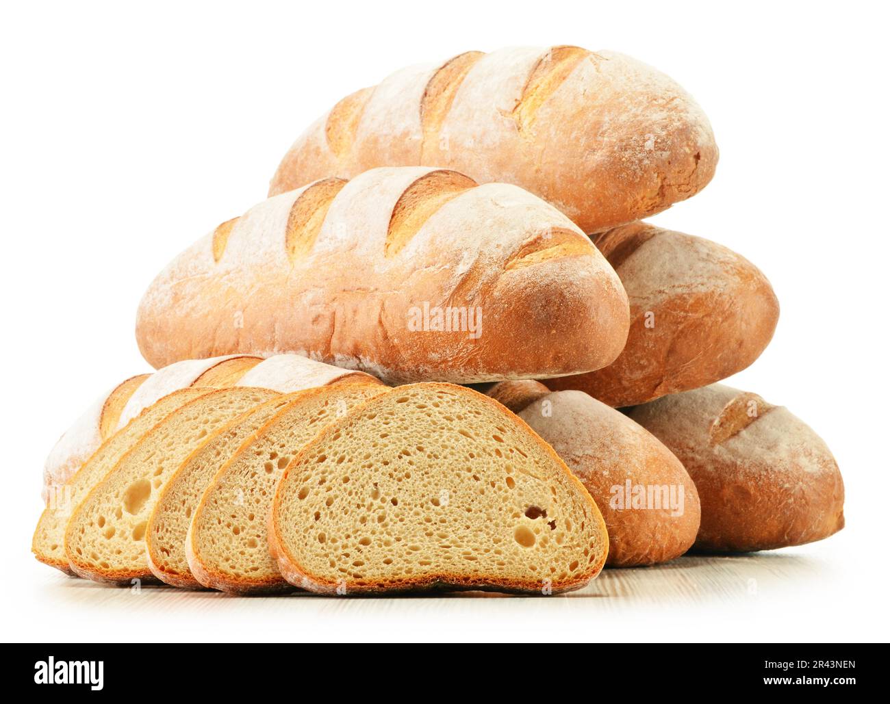 Composition with loafs of bread isolated on white background Stock ...