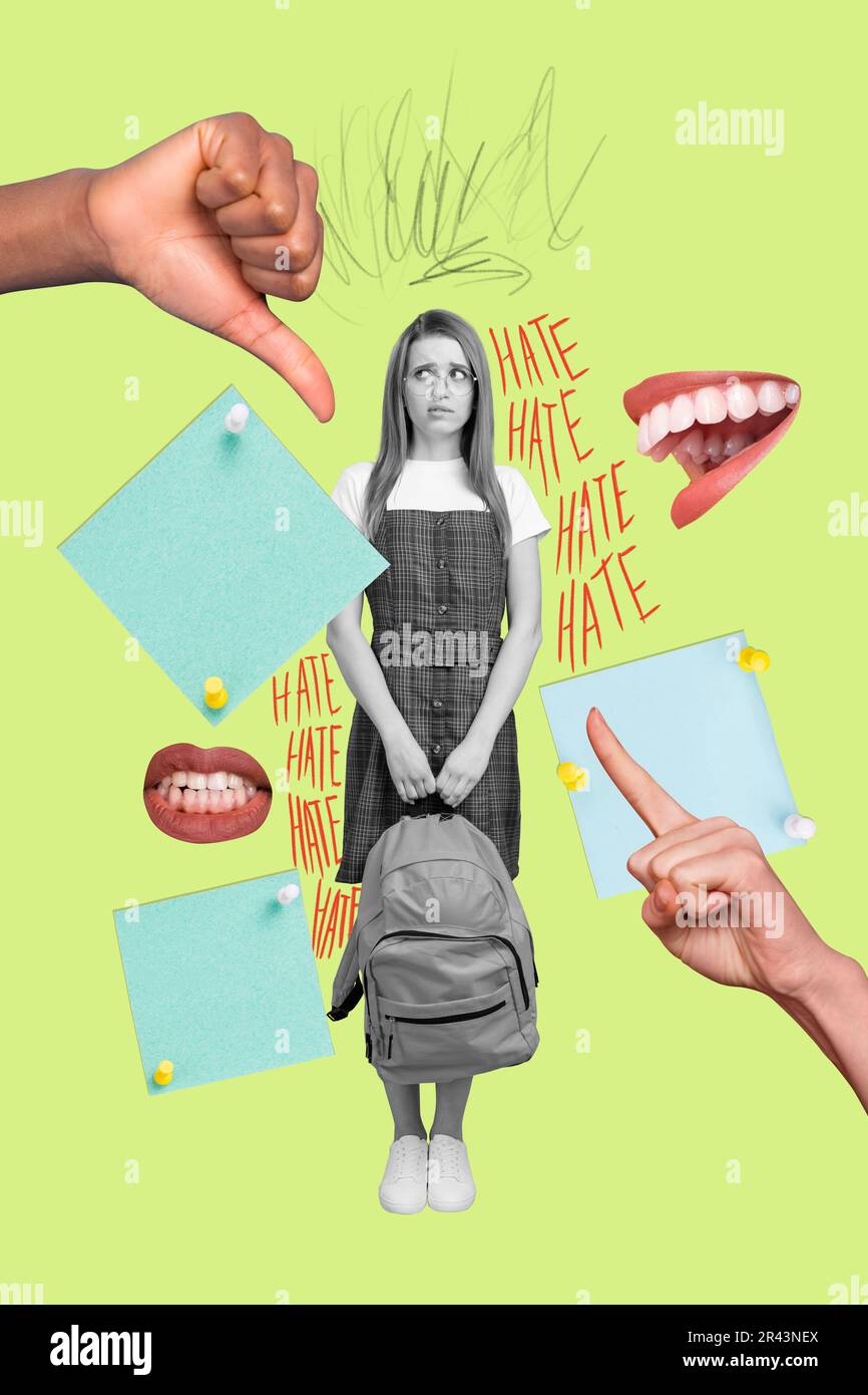 Photo collage artwork of stressed depressed lady getting hate massages ...