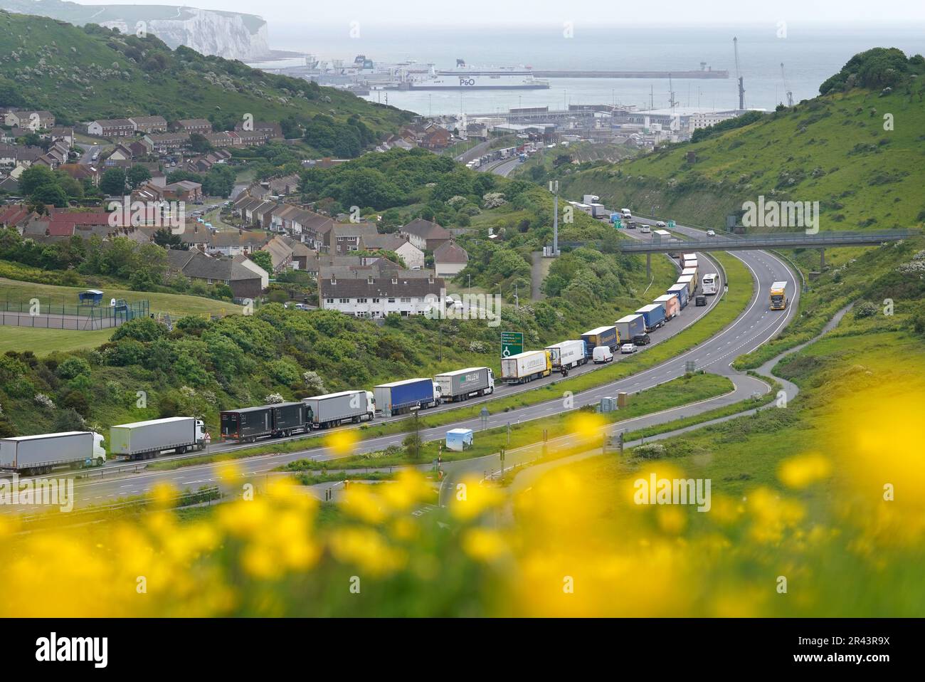 Lorries queue for the Port of Dover along the A20 in Kent as the ...
