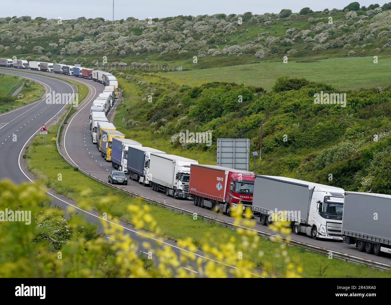 Lorries queue for the Port of Dover along the A20 in Kent as the ...
