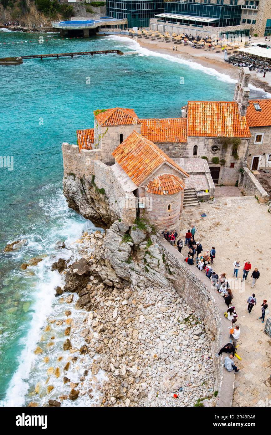 Old town with city beach, Budva, Adriatic coast, Montenegro Stock Photo ...