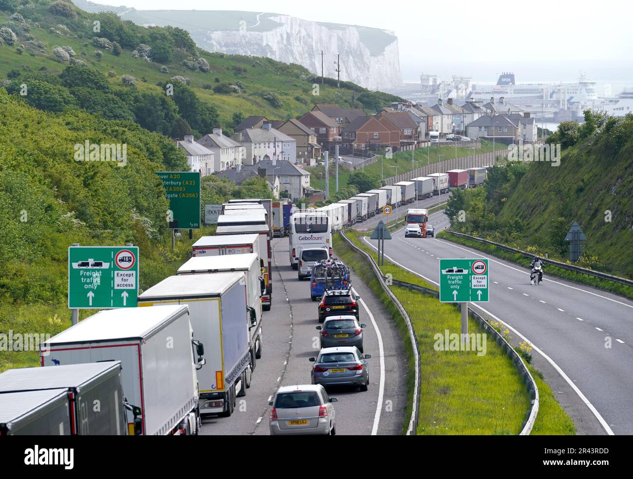 Lorries queue for the Port of Dover along the A20 in Kent as the ...