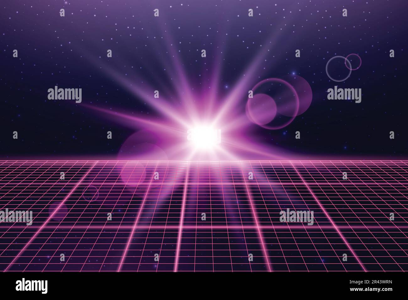 Wireframe perspective grid with lens flare. Space neon infinity mesh ...