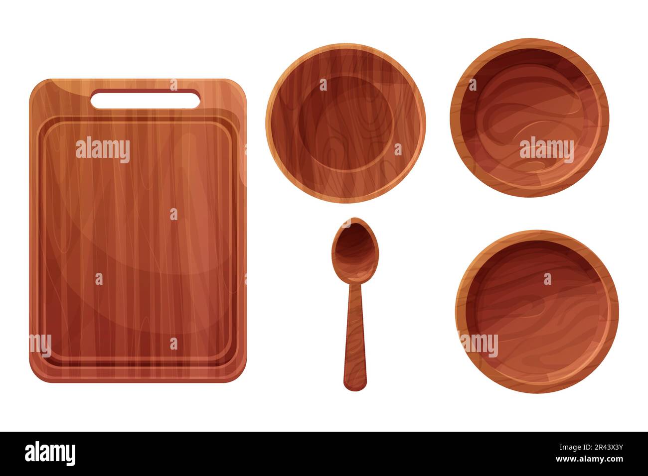 Set Wooden plate with spoon, bowl top view in cartoon style isolated on ...