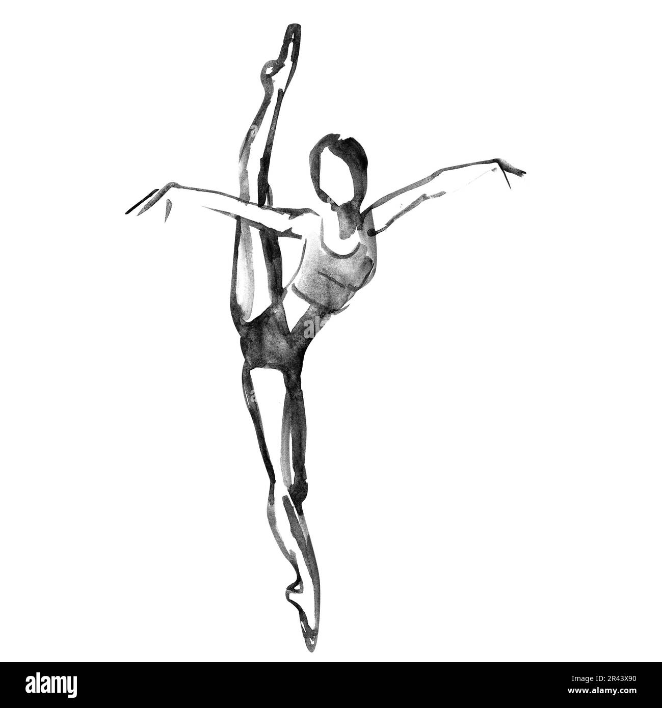 Ballerina in dance. Ink dancer. Watercolor black on white background ...