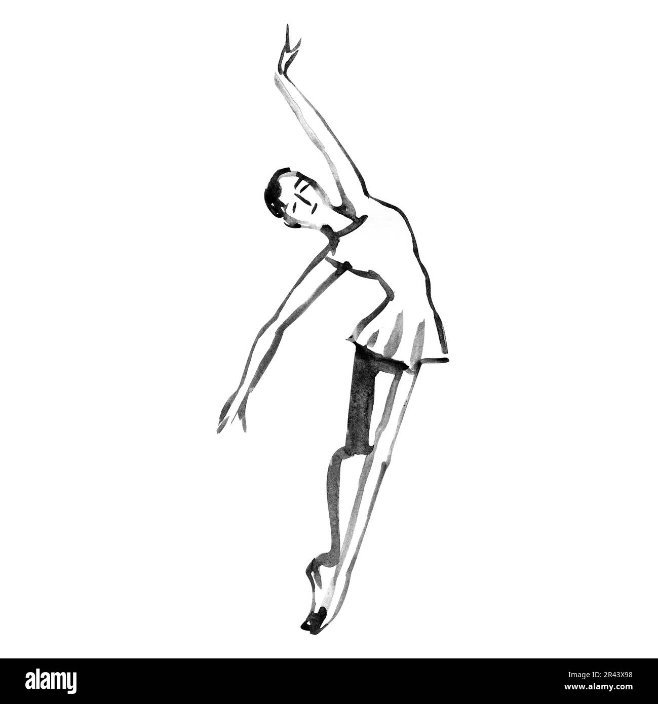Ballerina in dance. Ink dancer. Watercolor black on white background ...