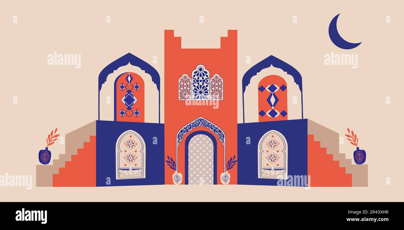 Creative minimalist abstracts. House or mosque facade with water ...