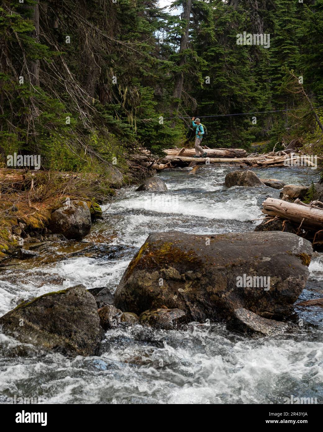 Full length of women hiking across a river in the mountains of Canada ...