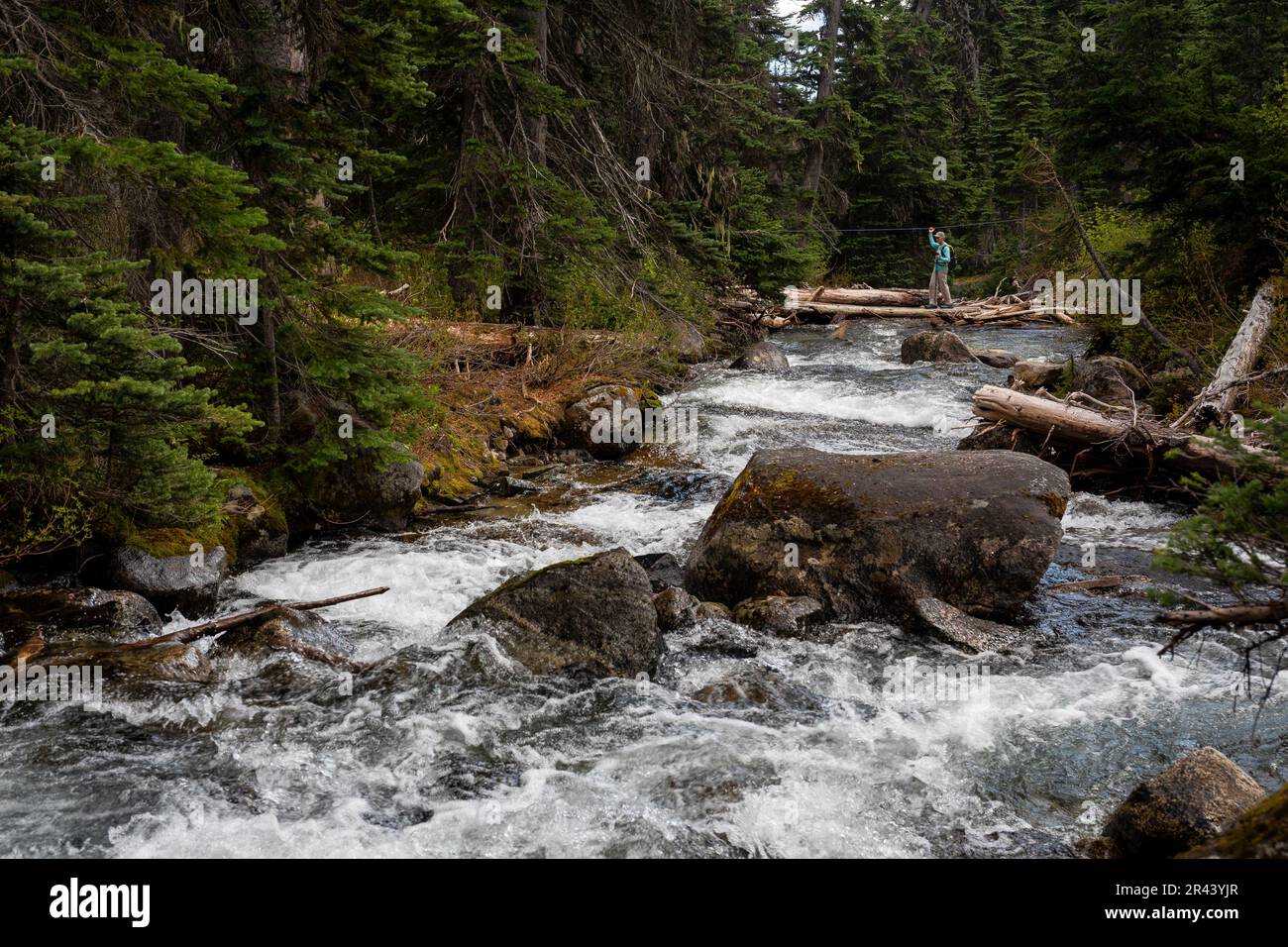 Full length of women hiking across a river in the mountains of Canada ...