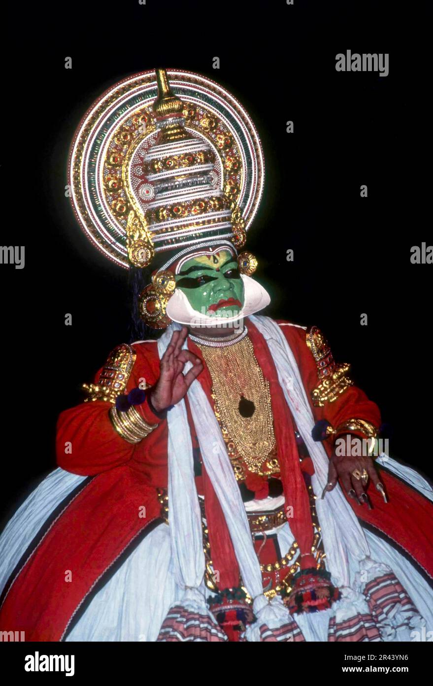 Noble or green character in Kathakali at Kerala Kalamandalam, classical ...