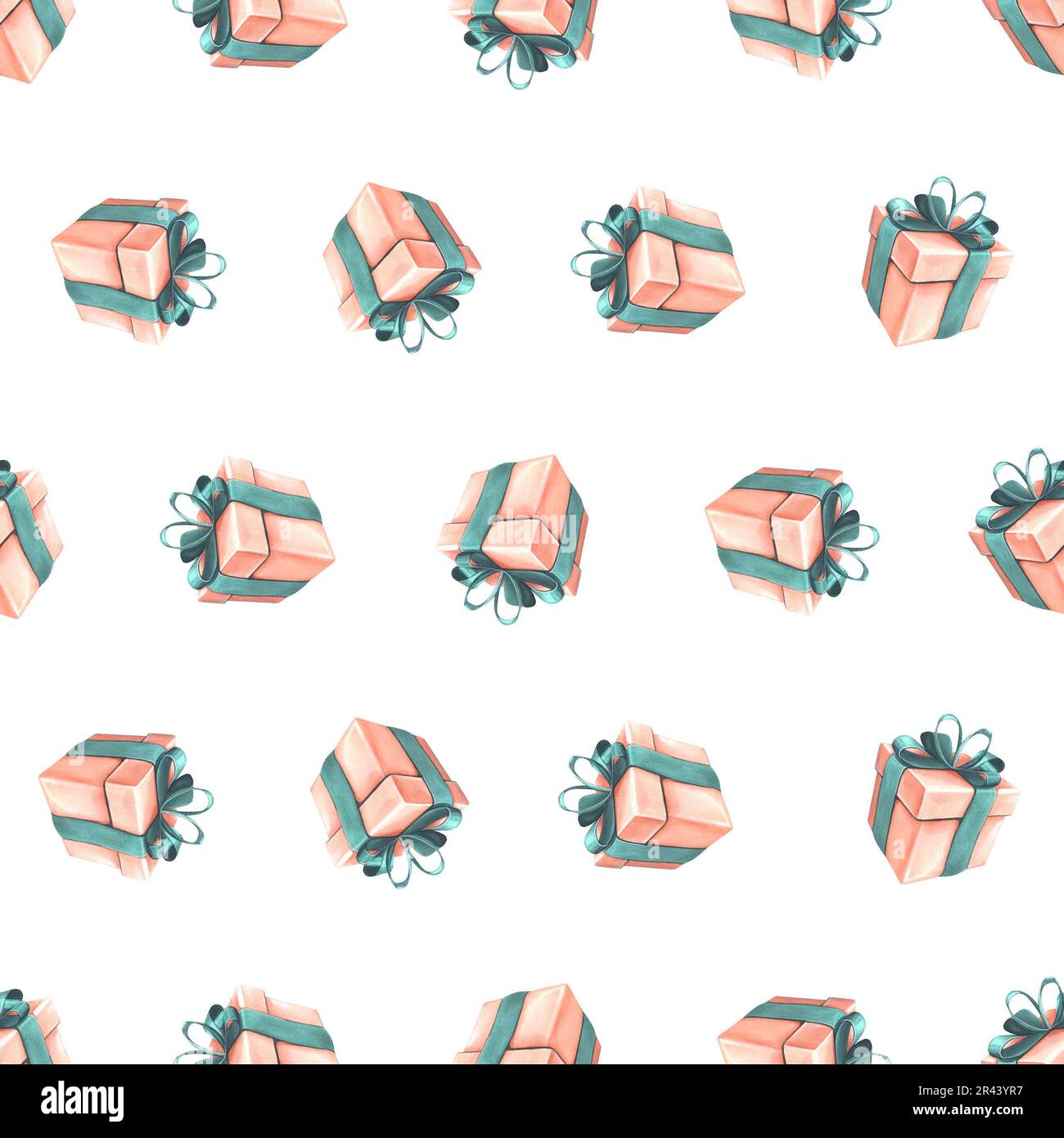 Gift boxes with ribbons and bows in coral and turquoise colors on a ...