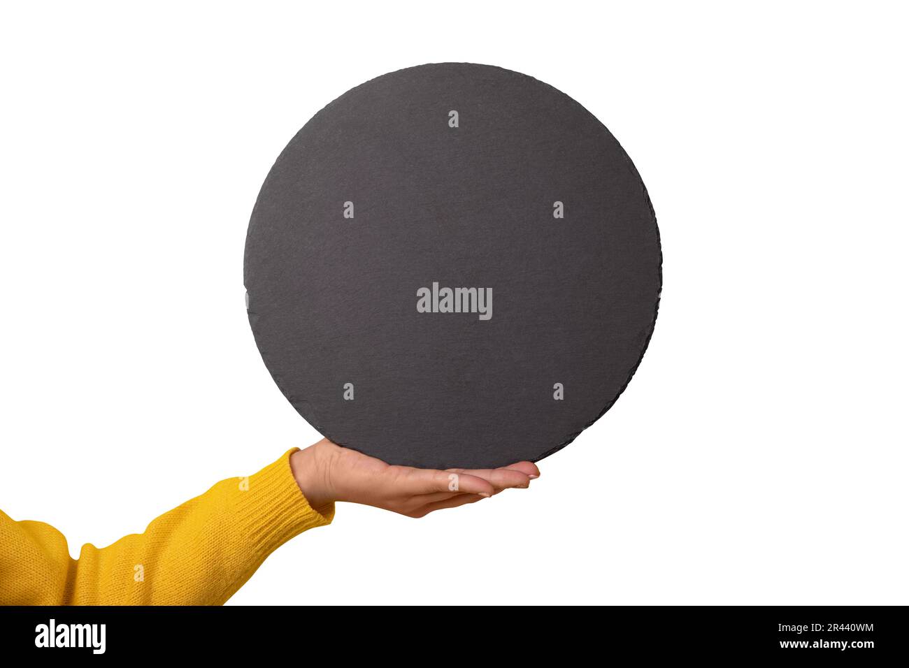 Black slate board on hand isolated on white background Stock Photo - Alamy