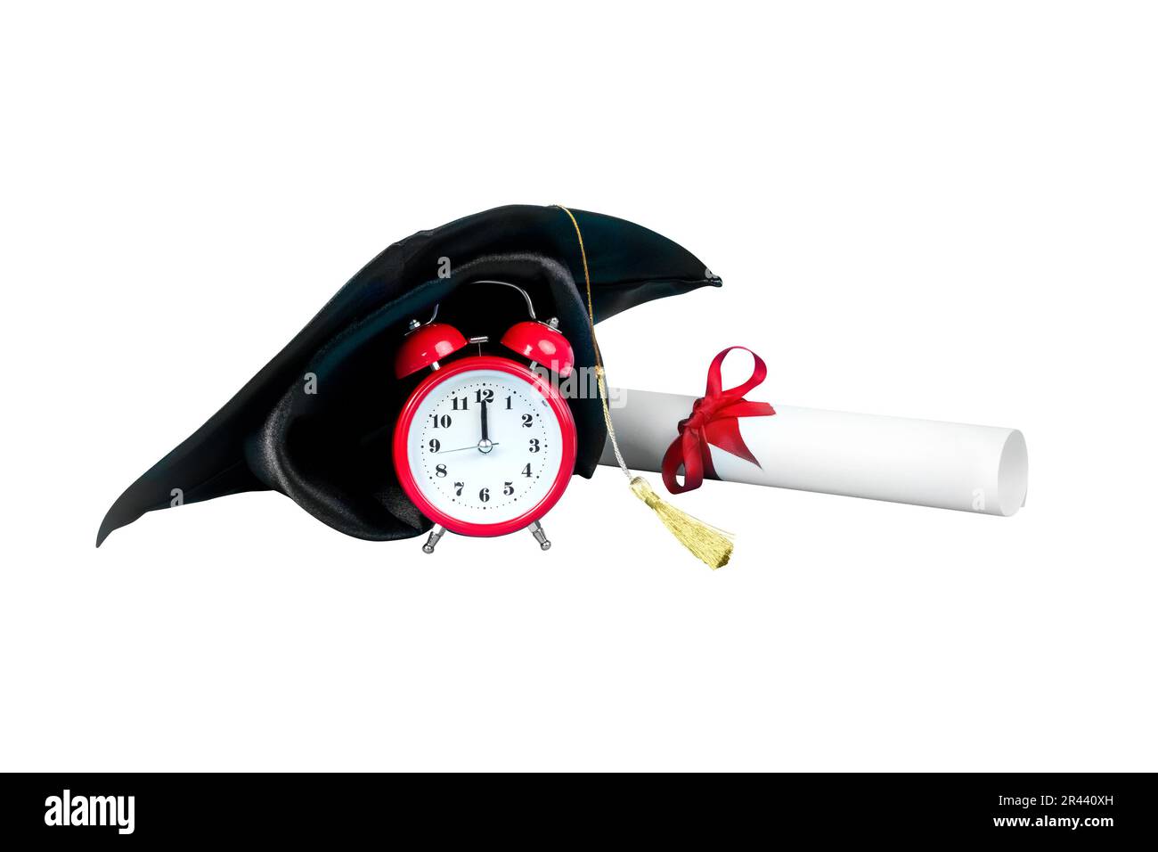 graduation cap on red clock near diploma, image isolated on white ...