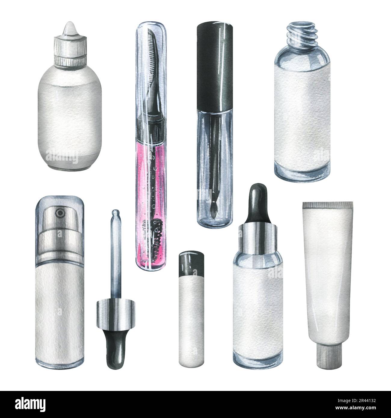 A set of jars, tubes, dispensers for cosmetics. Watercolor illustration ...