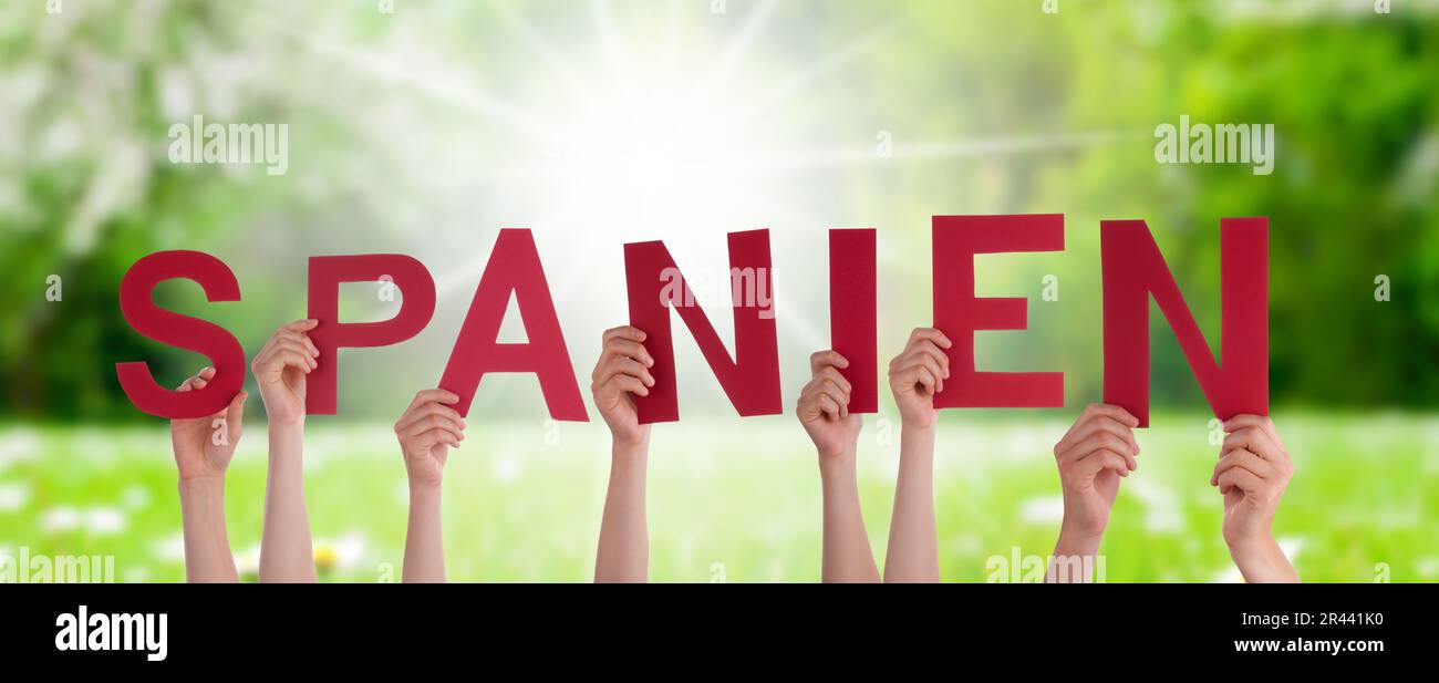 People Hands Building Word Spanien Means Spain, Grass Meadow Stock ...