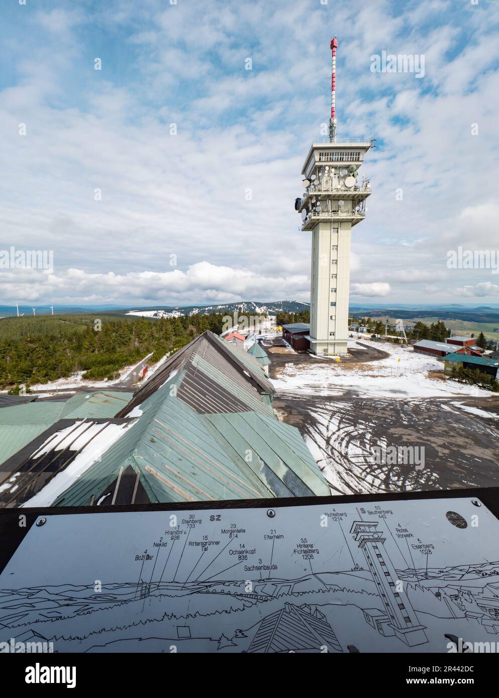 Top of the Klinovec mountain rectangular broadcasting tower with ...