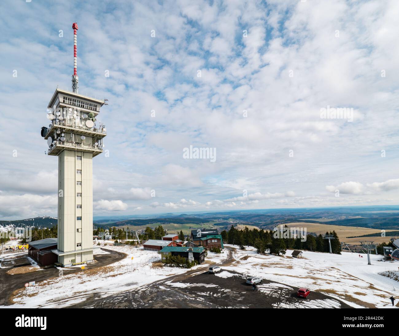 Top of the Klinovec mountain rectangular broadcasting tower with ...