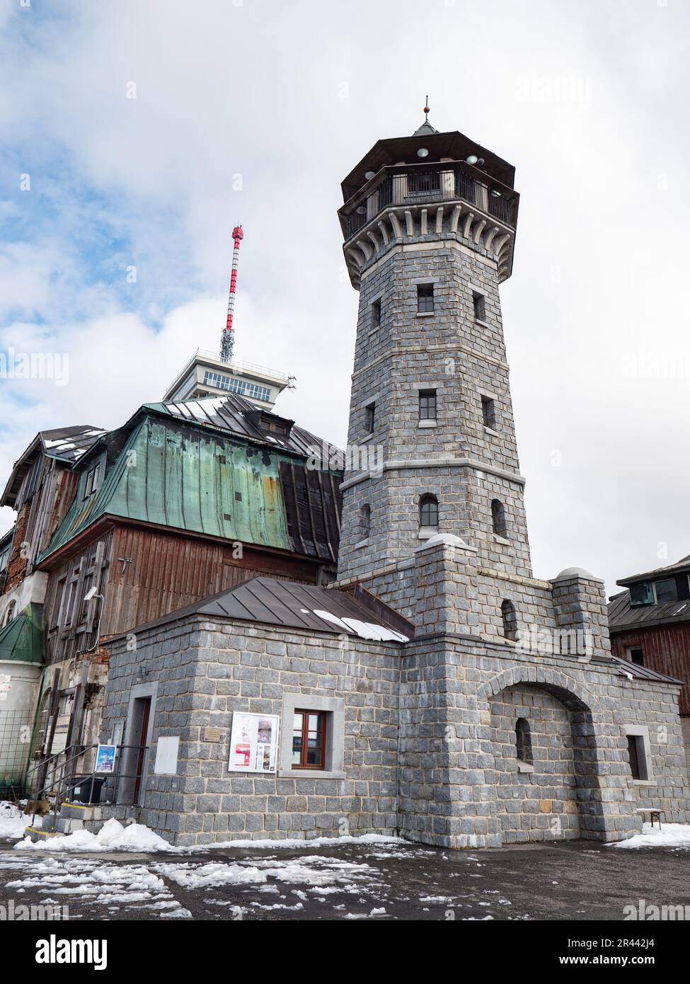 Old stony viewtower at the peak of Klinovec in the Ore Mountains. North ...