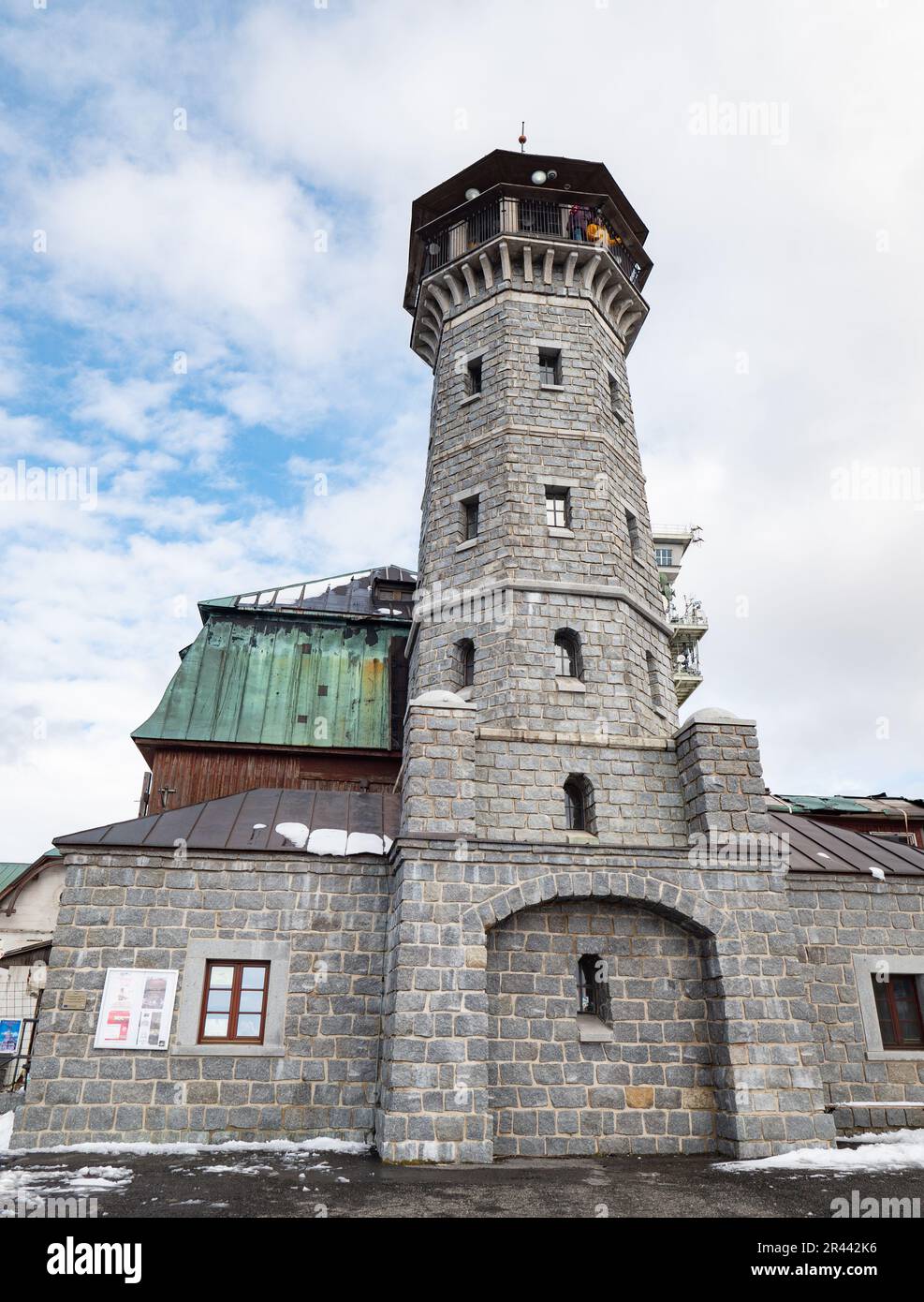 Old stony viewtower at the peak of Klinovec in the Ore Mountains. North ...