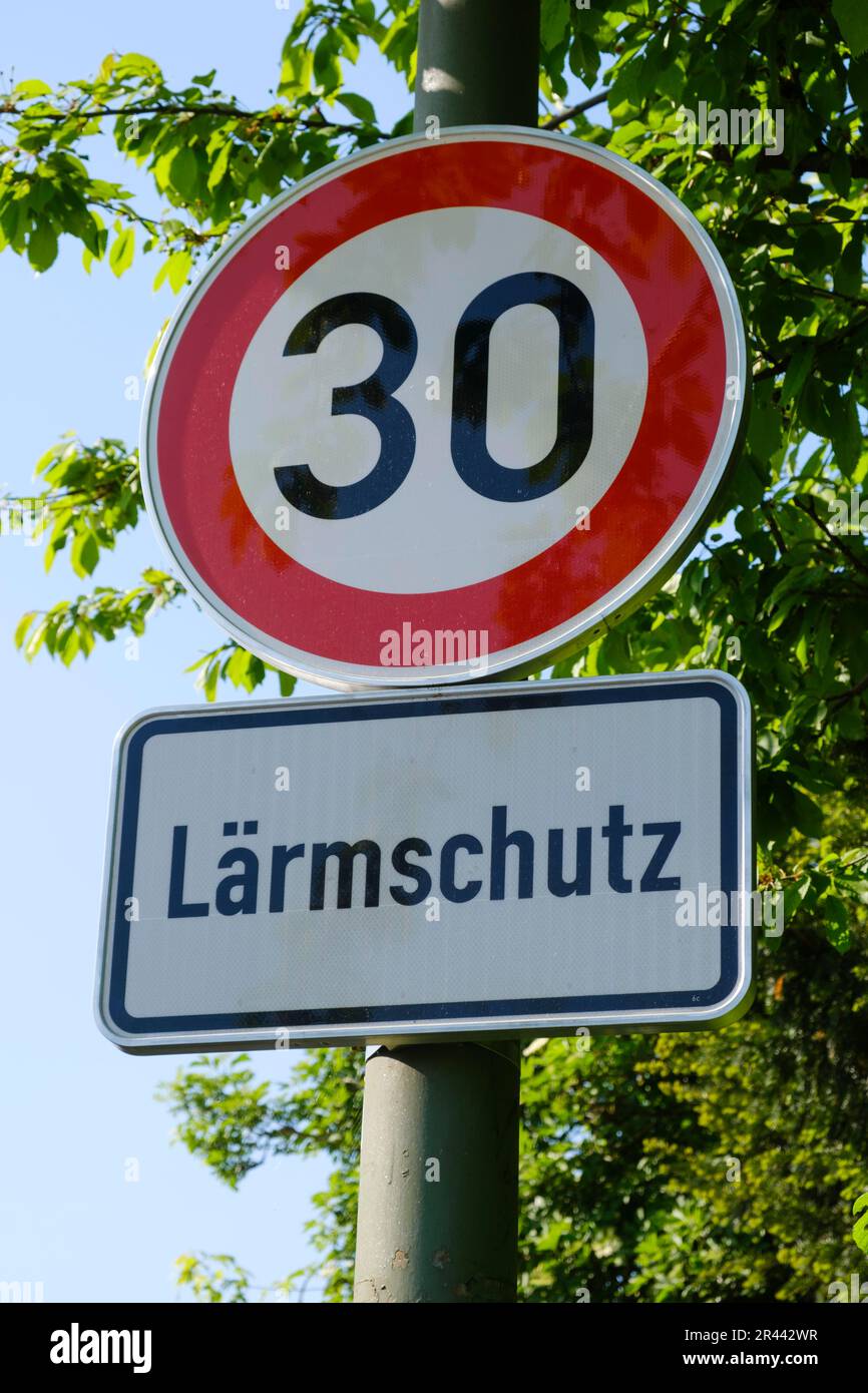 Traffic sign, maximum permitted speed 30km, noise protection, North ...