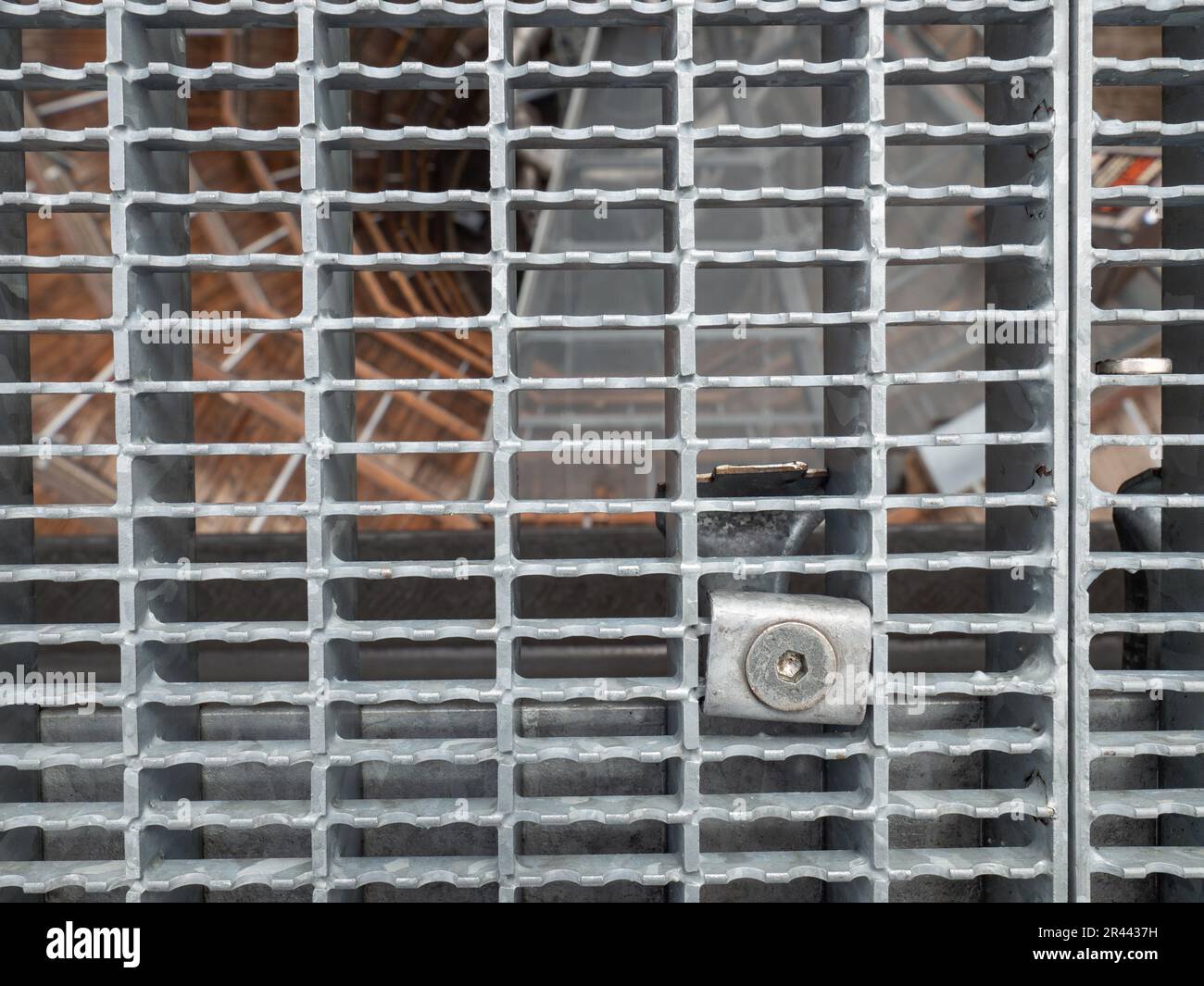 Gray grille transparent floor in platform construction with high ...