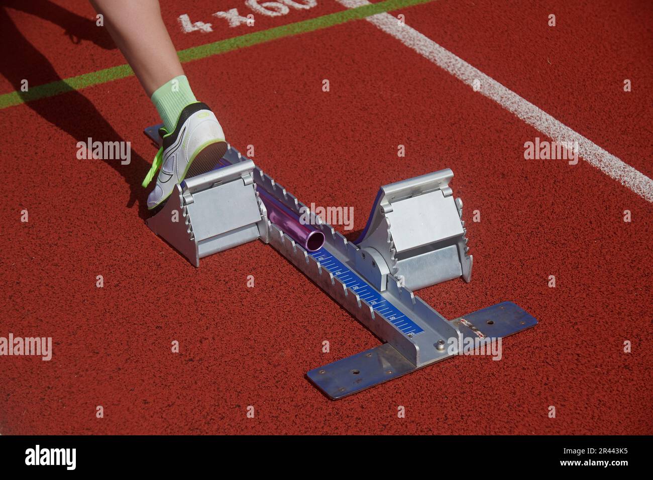 Close up of starting blocks at an athletics running track Stock Photo ...