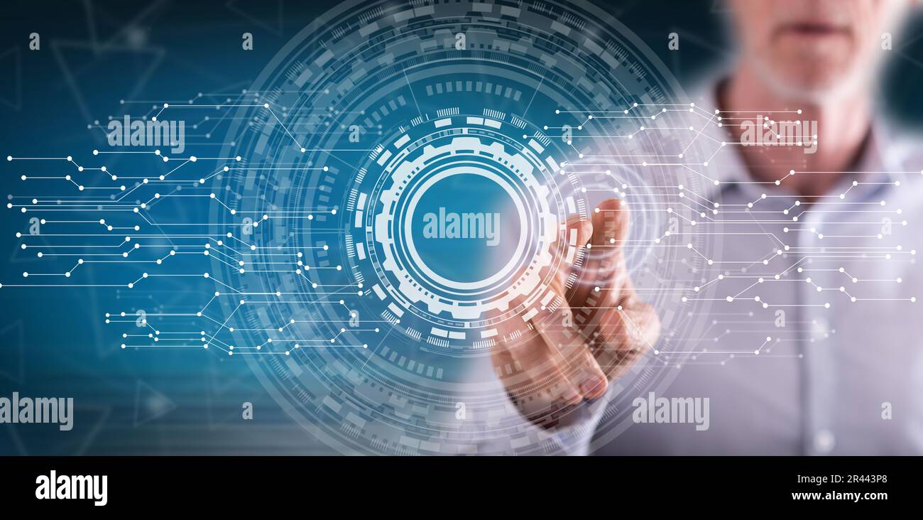 Man touching a virtual technology concept on a touch screen with his ...
