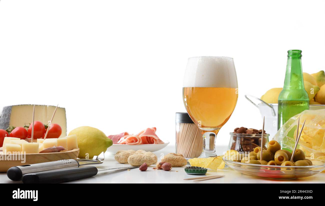 Prepared appetizer on white table and white isolated background. Front ...