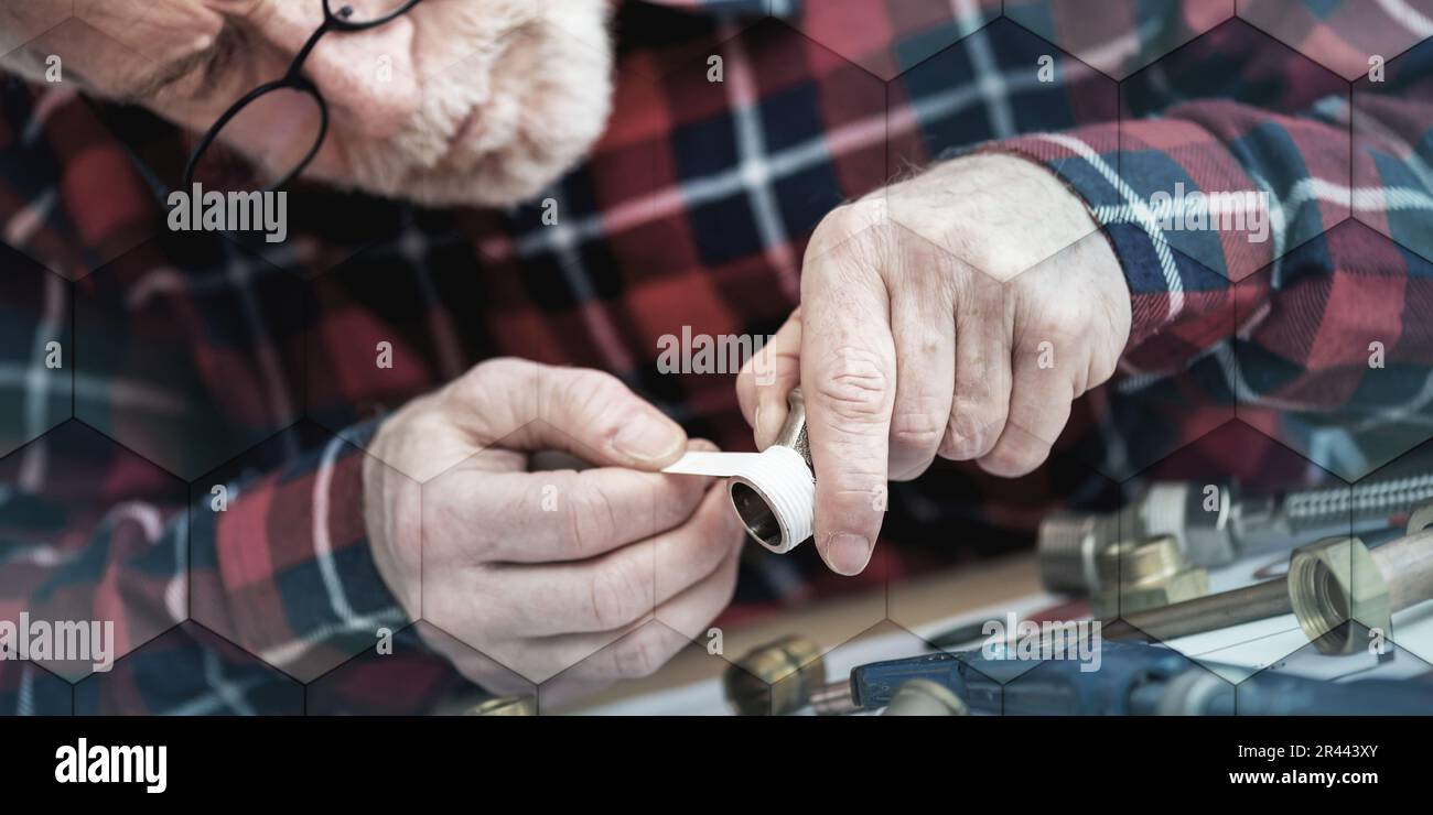 Plumber putting seal tape on a thread of a plumbing fitting, geometric ...