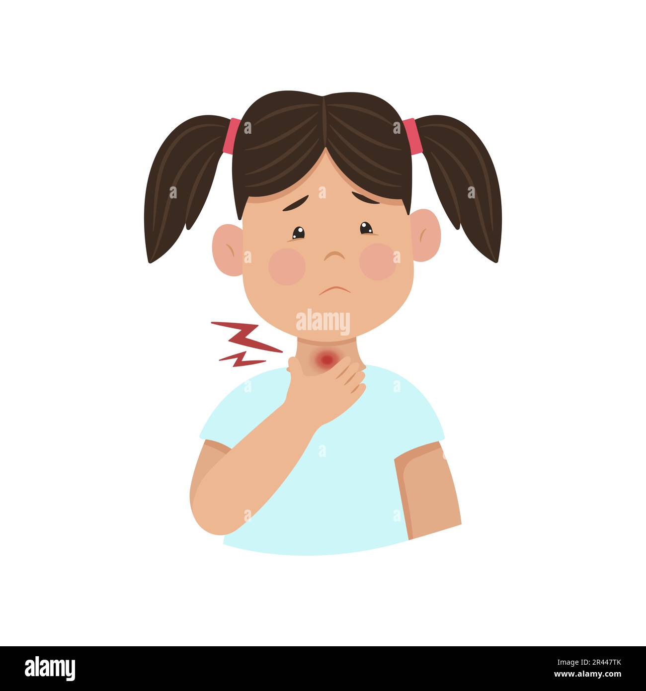 Child has a sore throat, Sad girl holds his neck. Sore throat ...