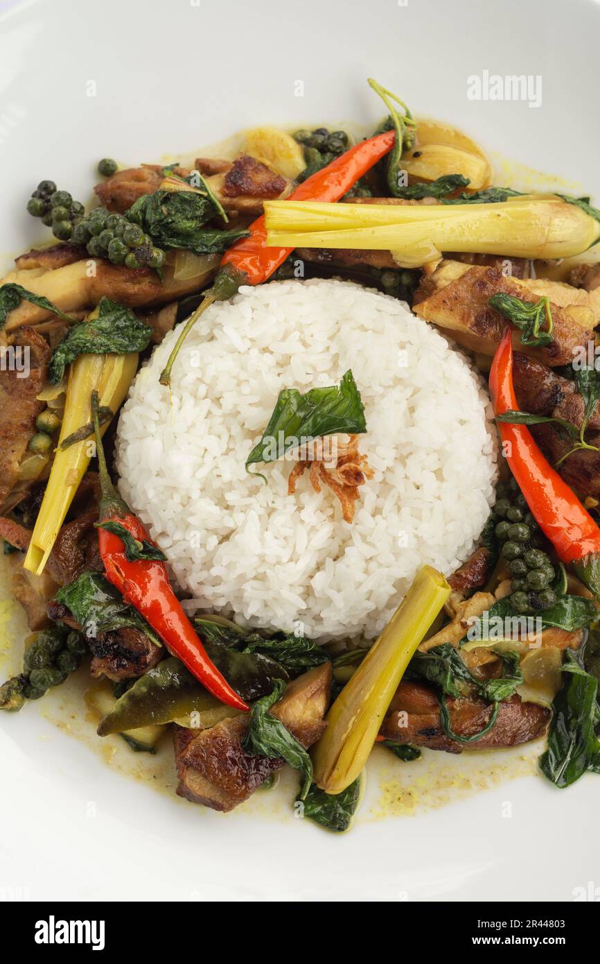 Pad Krapow Gai spicy Thai Chicken Vegetable Stir Fry on white plate ...