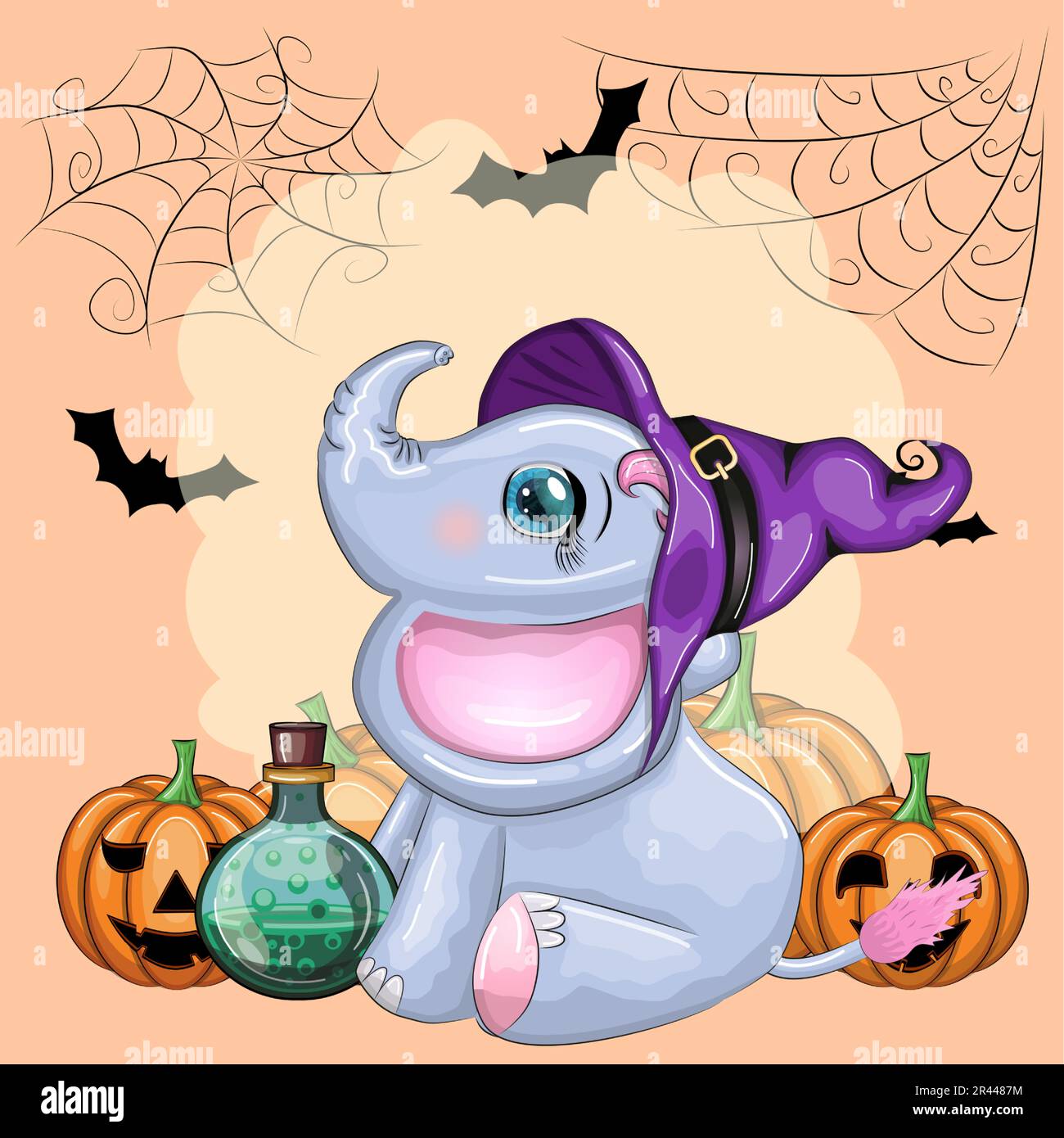 Cute cartoon elephant, childish character in wizard hat with pumpkin ...