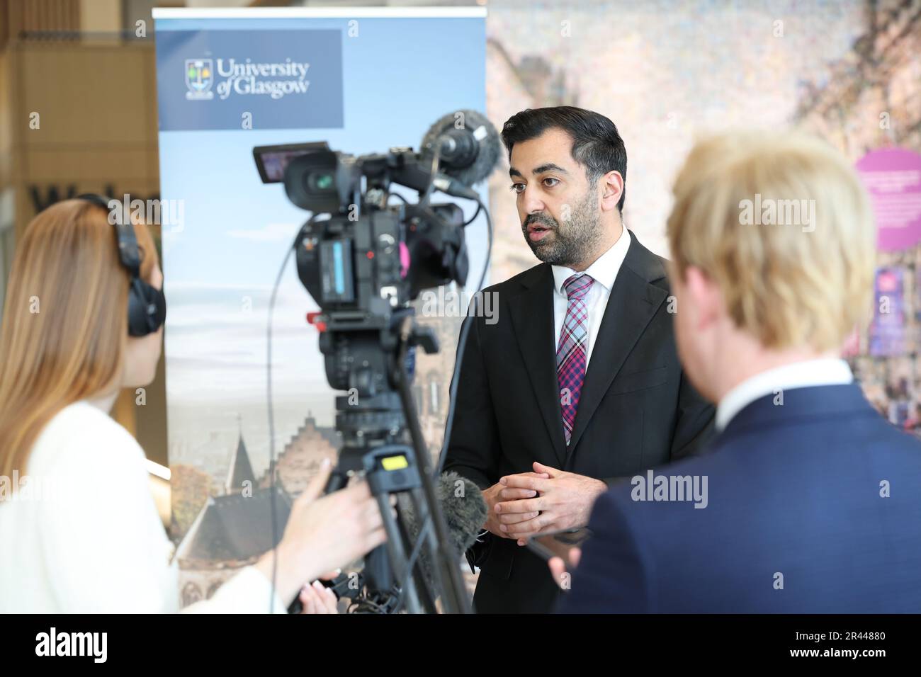 First Minister of Scotland Humza Yousaf talking to the media after he ...