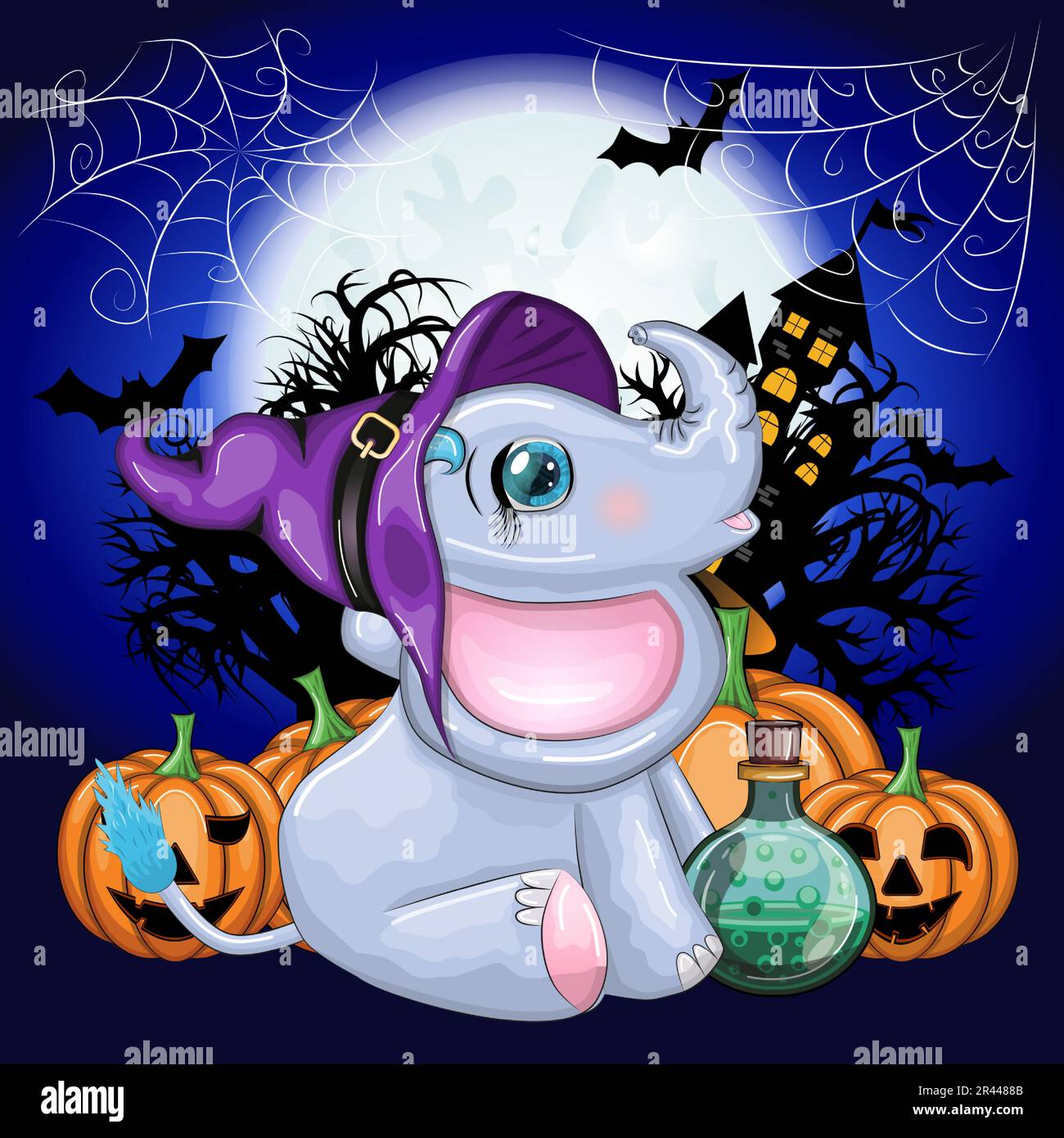 Cute cartoon elephant, childish character in wizard hat with pumpkin, potion or broom. Halloween ...
