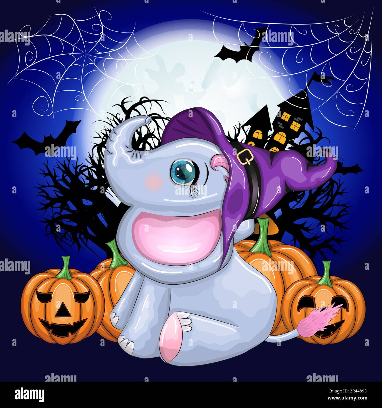 Cute cartoon elephant, childish character in wizard hat with pumpkin, potion or broom. Halloween ...