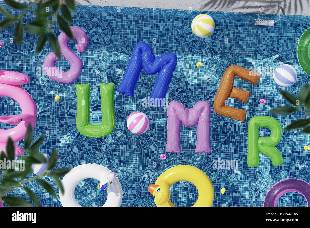 3D rendering photo collage summer concept crystal clean clear poolside ...