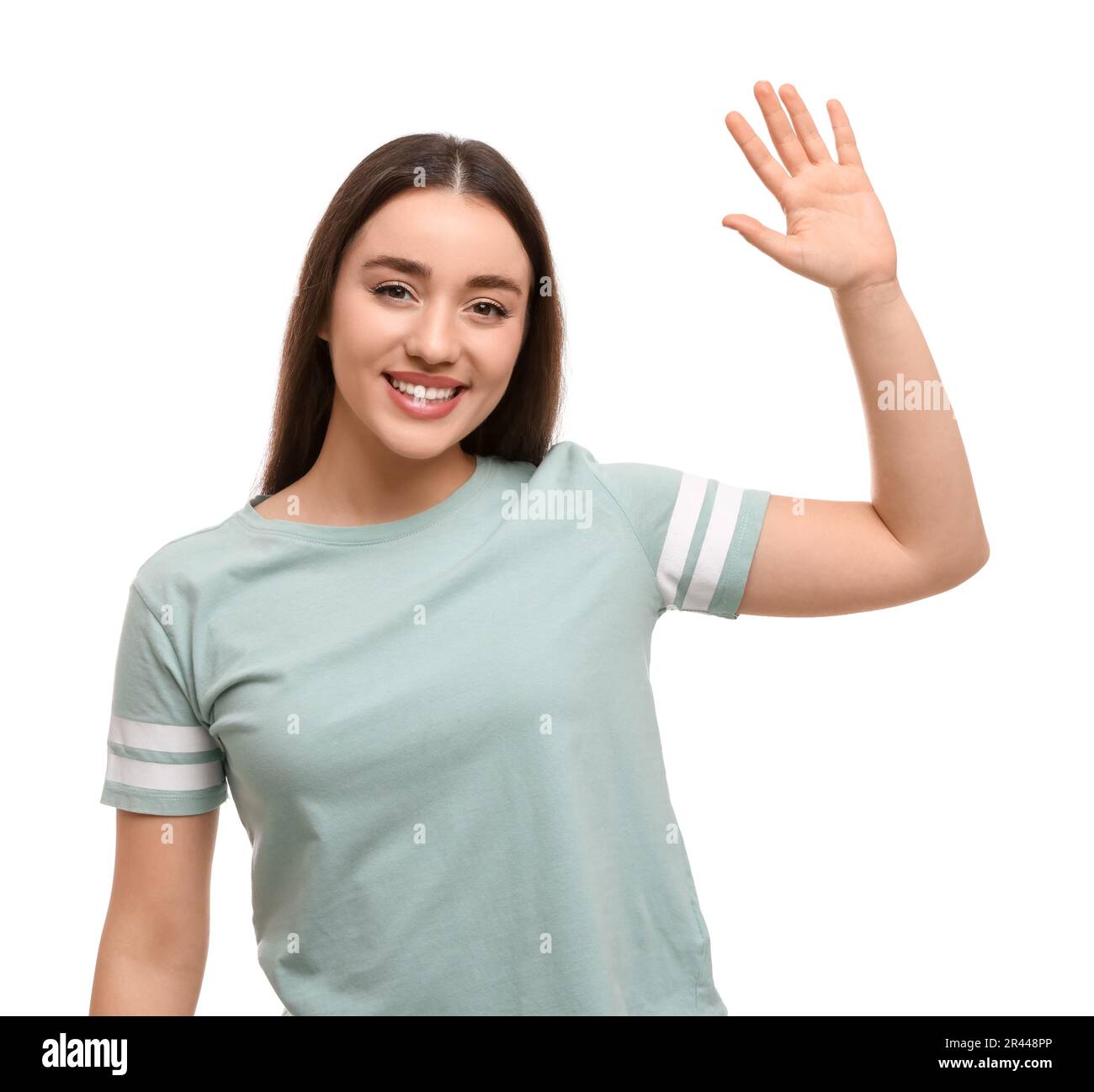 Happy woman giving high five on white background Stock Photo - Alamy