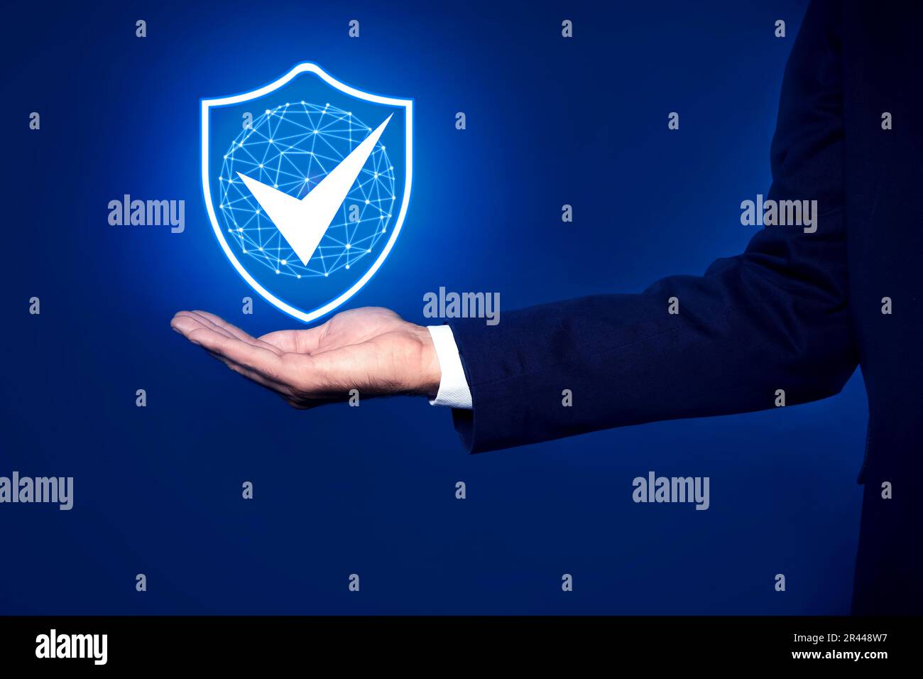 Anti-fraud security system. Man with illustration of checkmark in ... Anti-fraud security system. Man with illustration of checkmark in ...