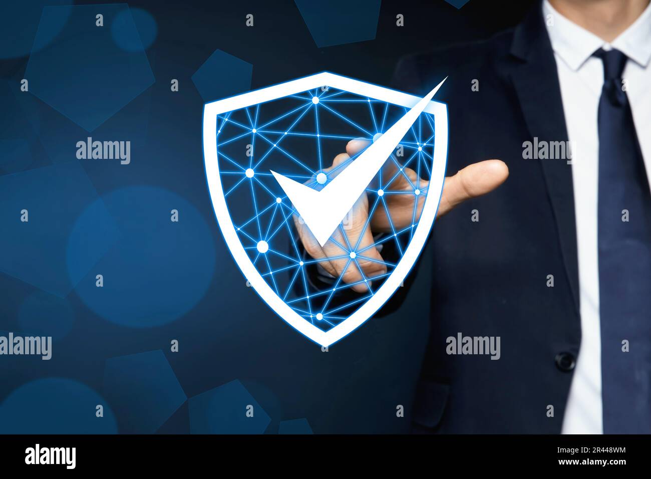 Anti-fraud security system. Man pointing at illustration of checkmark ... Anti-fraud security system. Man pointing at illustration of checkmark ...