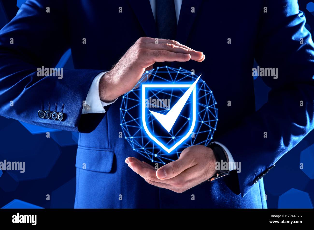 Anti-fraud security system. Man with illustration of checkmark in ... Anti-fraud security system. Man with illustration of checkmark in ...