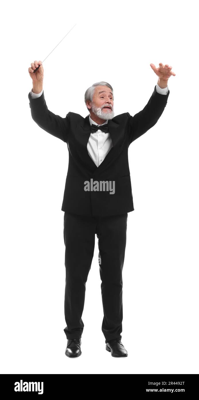 Professional conductor with baton on white background Stock Photo - Alamy