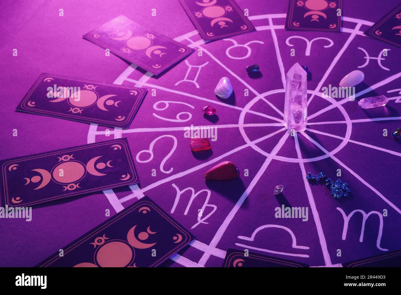 Natural stones for zodiac signs, tarot cards and drawn astrology chart ...